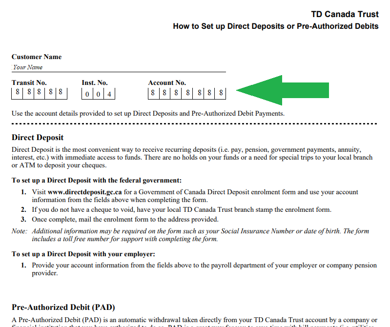 EFT Information TD Bank Example SCRAP IT